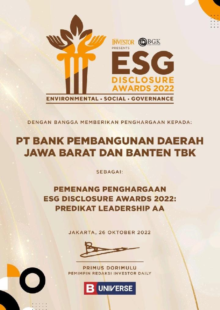 bank bjb Kantongi Penghargaan pada ESG Disclosure Awards 2022 | tempo.co